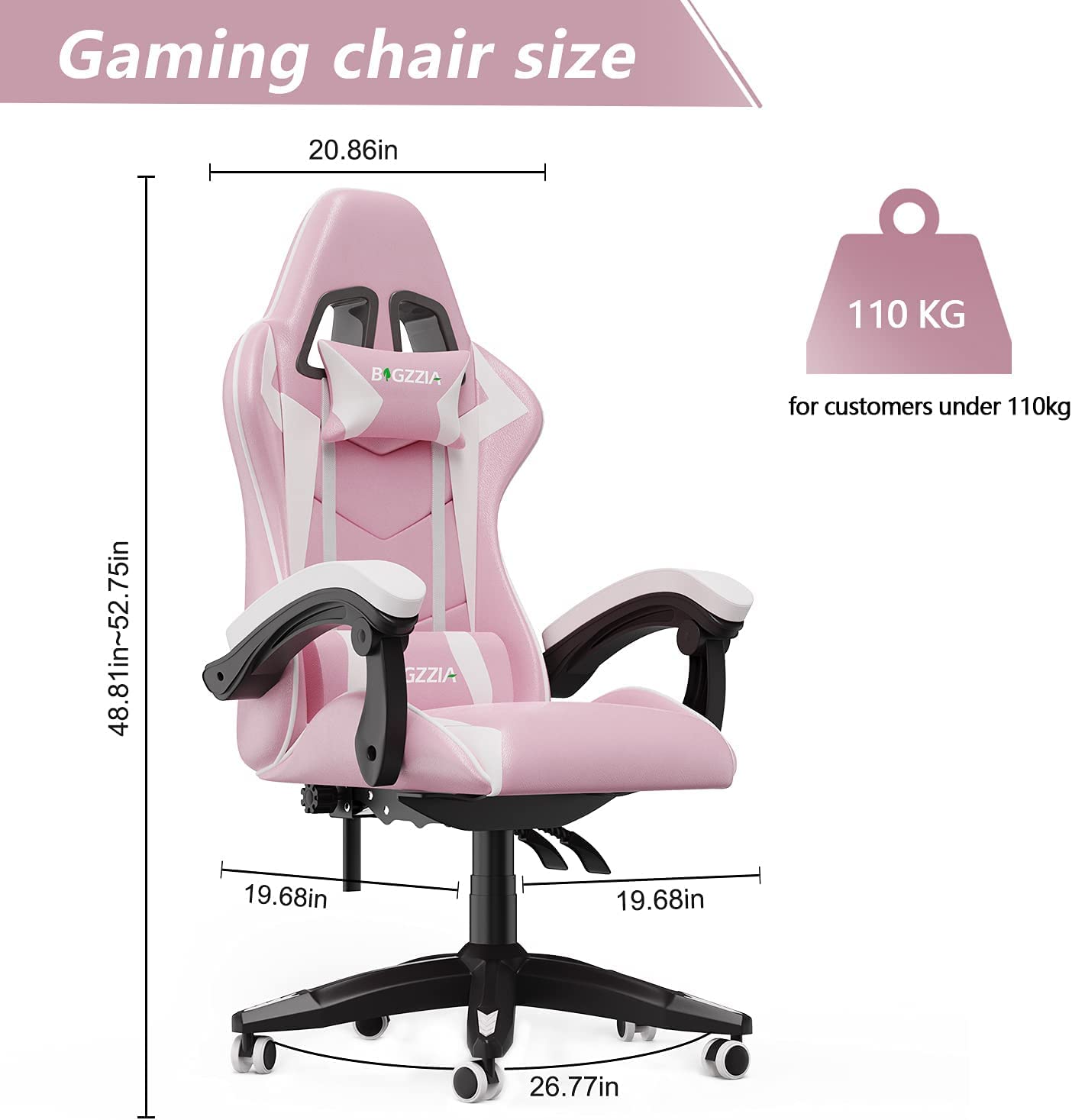 Bigzzia Pink Gaming Chair, Reclining High Back PU Leather Office Desk Chair with Headrest and Lumbar Support, Adjustable Swivel Rolling Video Game Chairs Ergonomic Racing Computer Chair