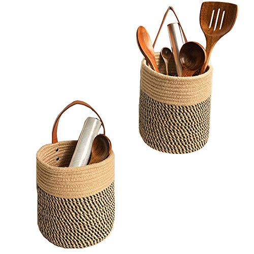 BSLVWG Seagrass Woven Storage Baskets Set of 2,Hand Woven Basket Indoor Outdoor Storage Flower Cover Containers For Modern Home Decor Storage,Hanging Baskets Organizer (Black Brown)