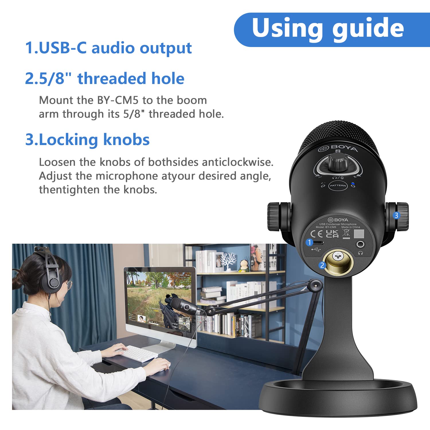 BOYA by-CM Mini USB Microphone for Gaming, Plug and Play, Cardioid Omnidirectional Polar, Monitoring, Gain and Mute Control, Condenser Streaming Mic for Studio Podcast Recording