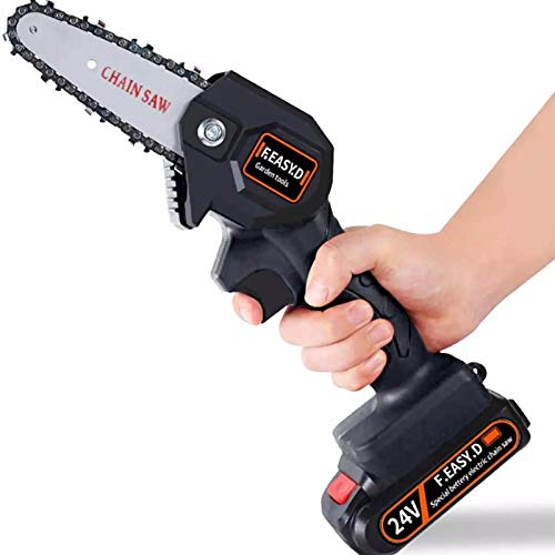 AOEIUV 24V Cordless Chainsaw, Mini Lithium Battery Electric Pruning Saw, 4 inch One-Hand Chainsaw with 2Ah Battery and Charger, for Tree Branch Wood Cutting,1pcs Battery
