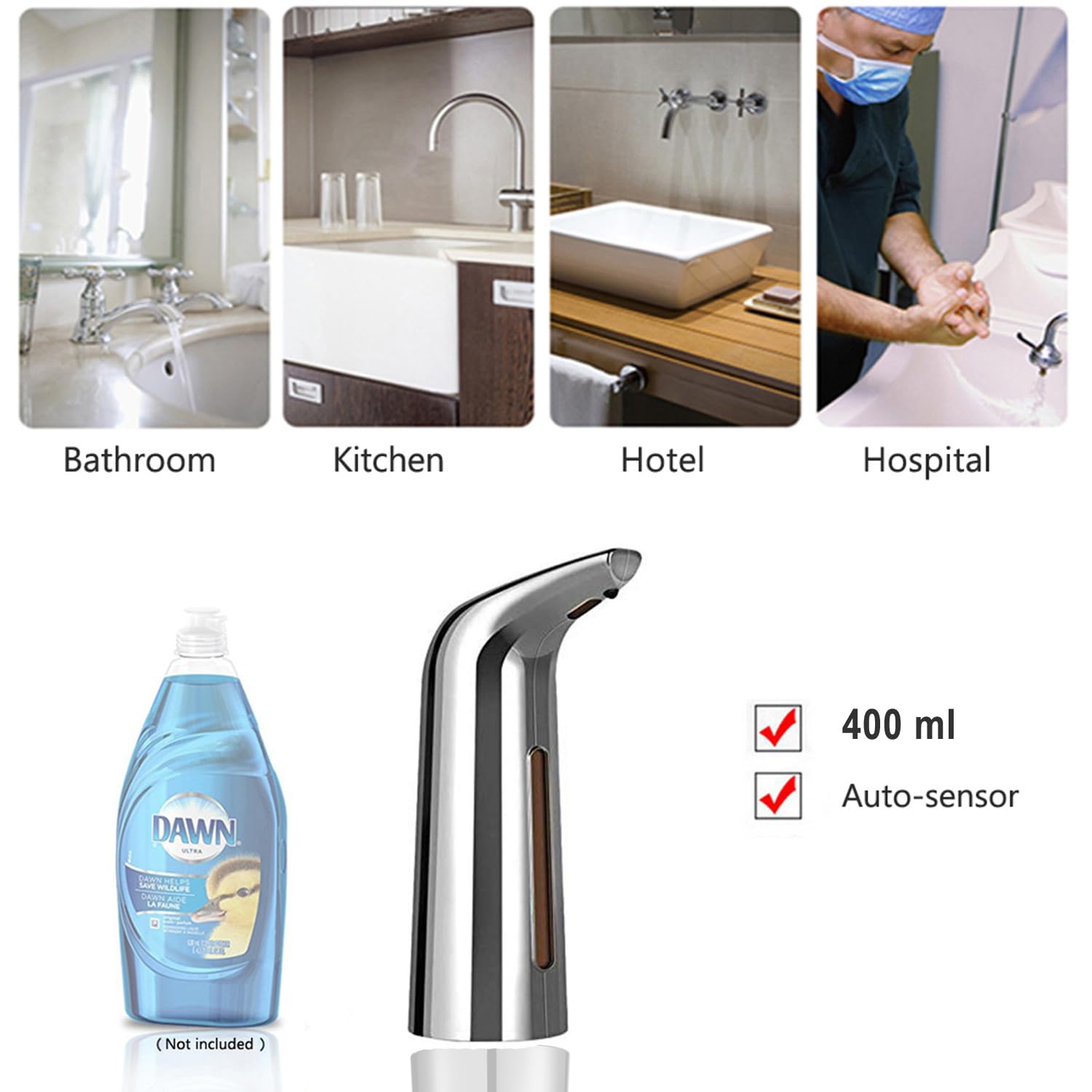 Automatic Soap Dispenser 400ml, Touchless Soap Dispenser with Upgraded Infrared Sensor, IP67 Waterproof Battery Operated Soap Dispenser, Hand Free Liquid Soap Dispenser for Bathroom, Kitchen Sink