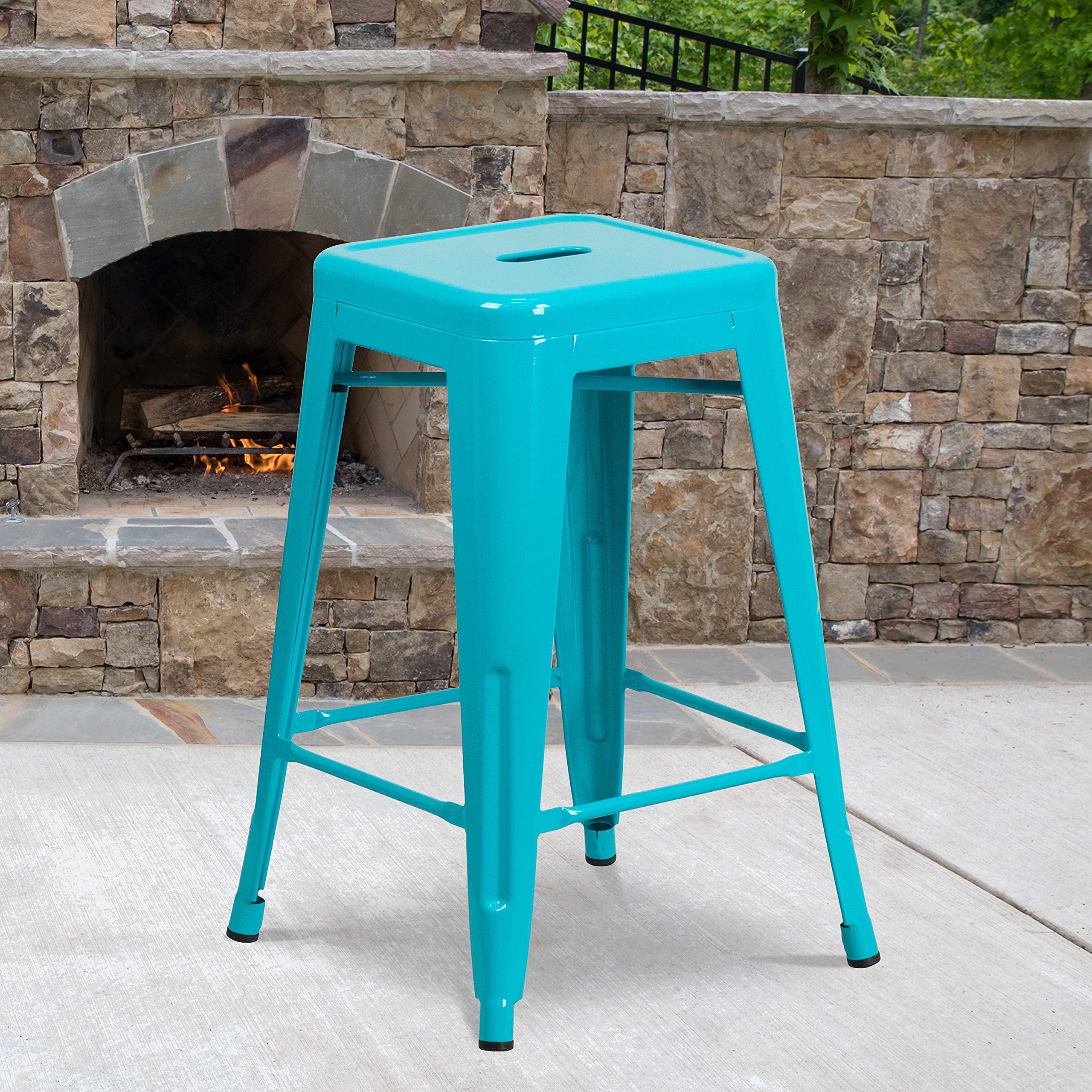 EMMA + OLIVER Commercial Grade 24" H Backless Teal-Blue Indoor-Outdoor Counter Height Stool
