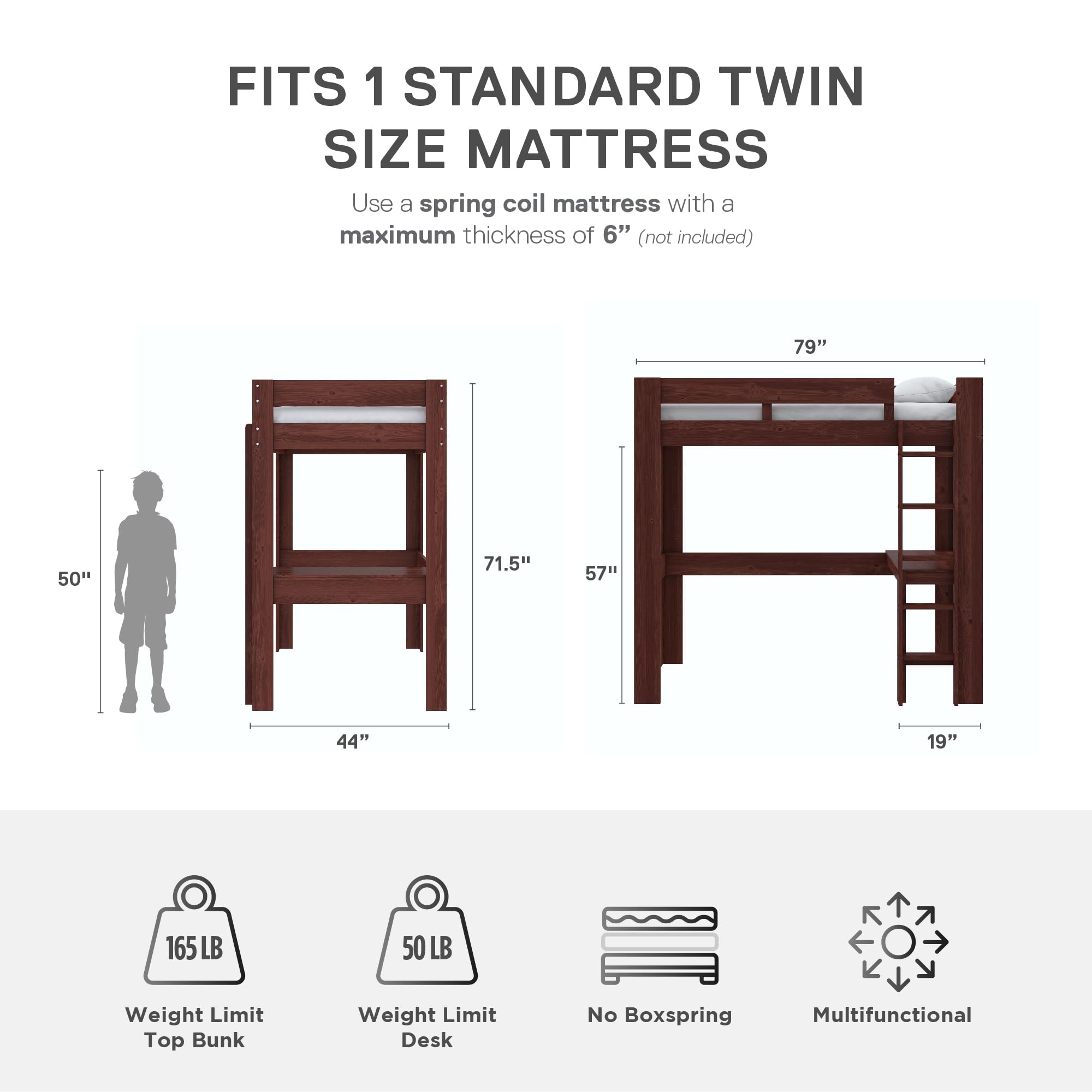 DHP Jaymee Kids Wood Loft Bed with Desk, Twin, Nutmeg