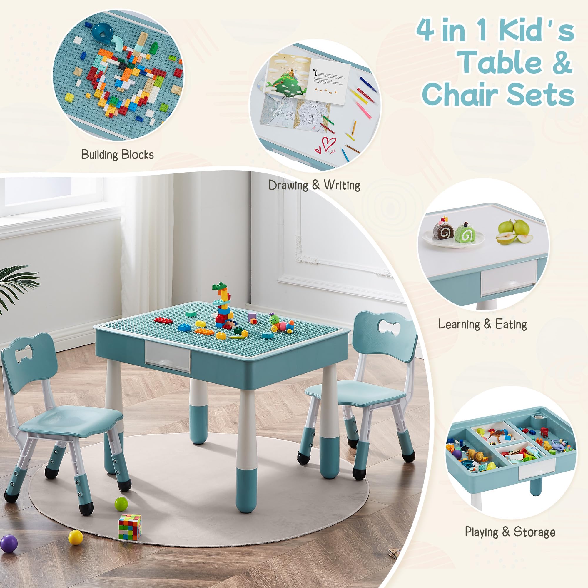 CuFun 4 in 1 Kids Table and 2 Chairs Set, Toddler Table and Chair Set for Kids Ages 3-10, Activity Table for Building Blocks/Drawing/Reading/Dining,Gift for Boy & Girl (Grayish Blue)