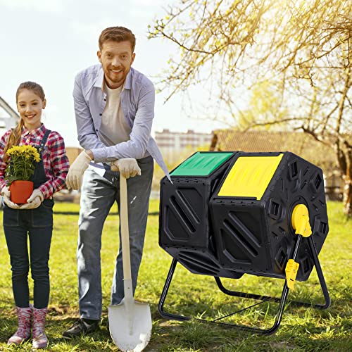 F2C Dual Chamber 37 Gallon Compost Tumbler All-Season Outdoor BPA Free Large Composter Bin w/ 2 Sliding Doors and Solid Steel Frame (37 Gallon)