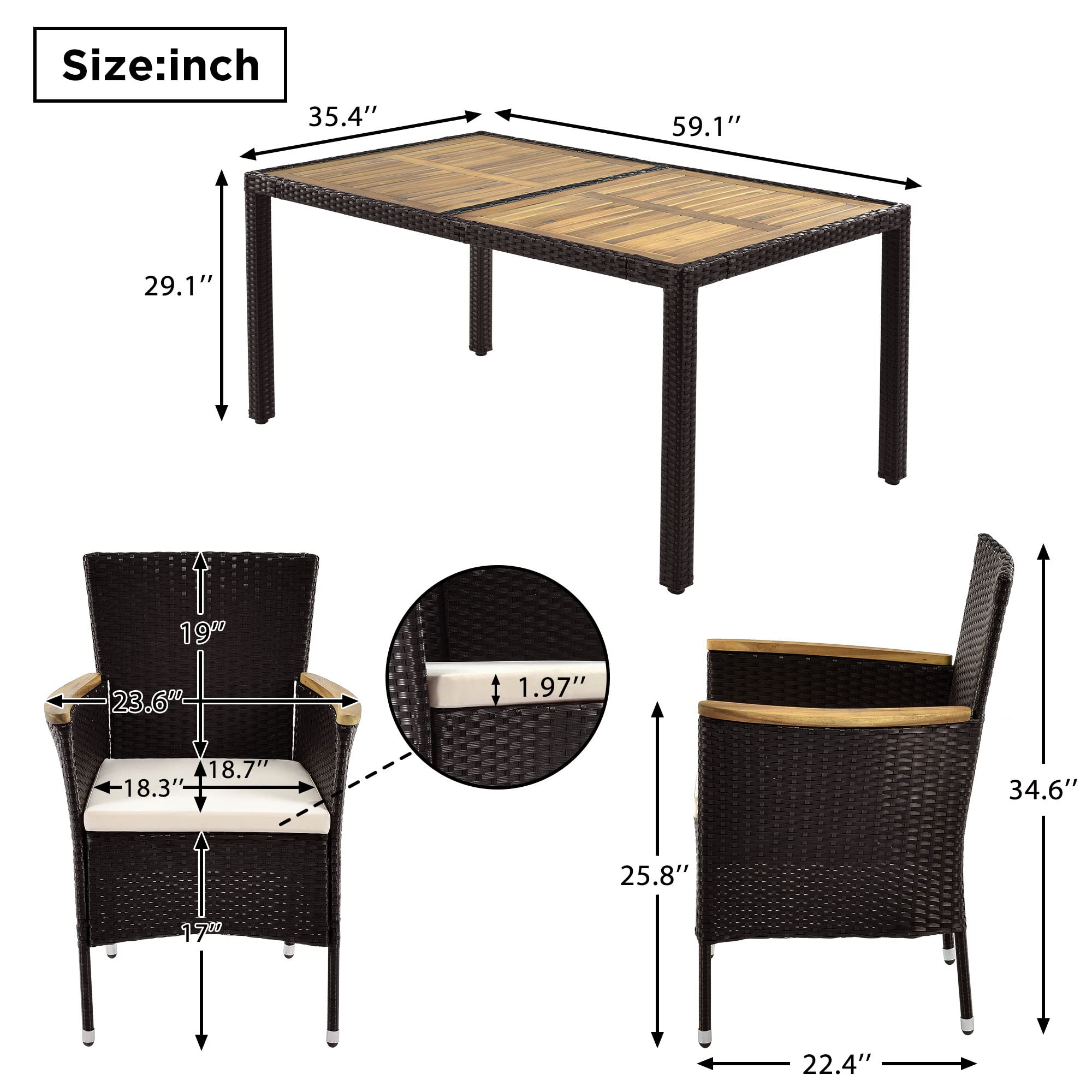LZ LEISURE ZONE Patio Furniture Set, 7 Piece Outdoor Dining Table Set, Wicker Rattan Dining Table and Chairs Set, Patio Conversation Set with Cushions, Brown+Beige