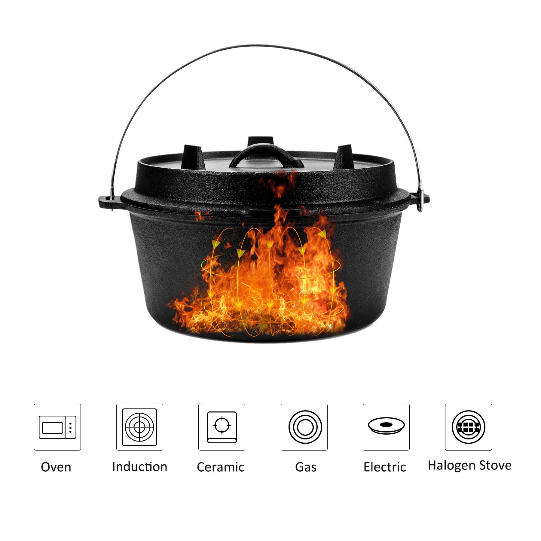 DARTMOOR 9 Quart Pre-Seasoned Cast Iron Dutch Oven with Lid and Lid Lifter Tool Outdoor Deep Camp Pot for Camping Fireplace Cooking BBQ Baking Campfire 9 QT