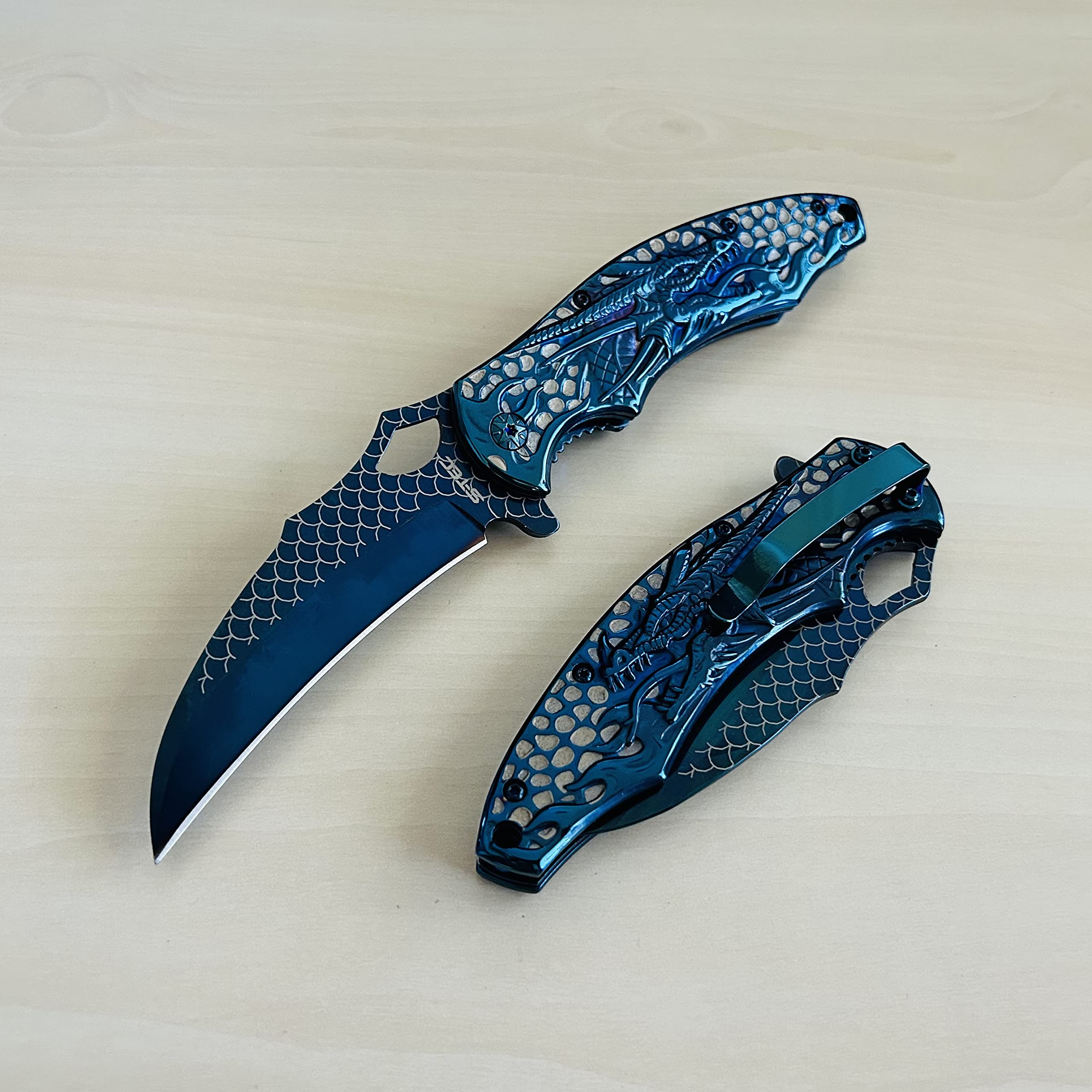 BladeDealUSA Dragon Design Assisted Open Folding Pocket Knife, Dragon Skin Blade, Blue Color, Hunting, Camping Accessories