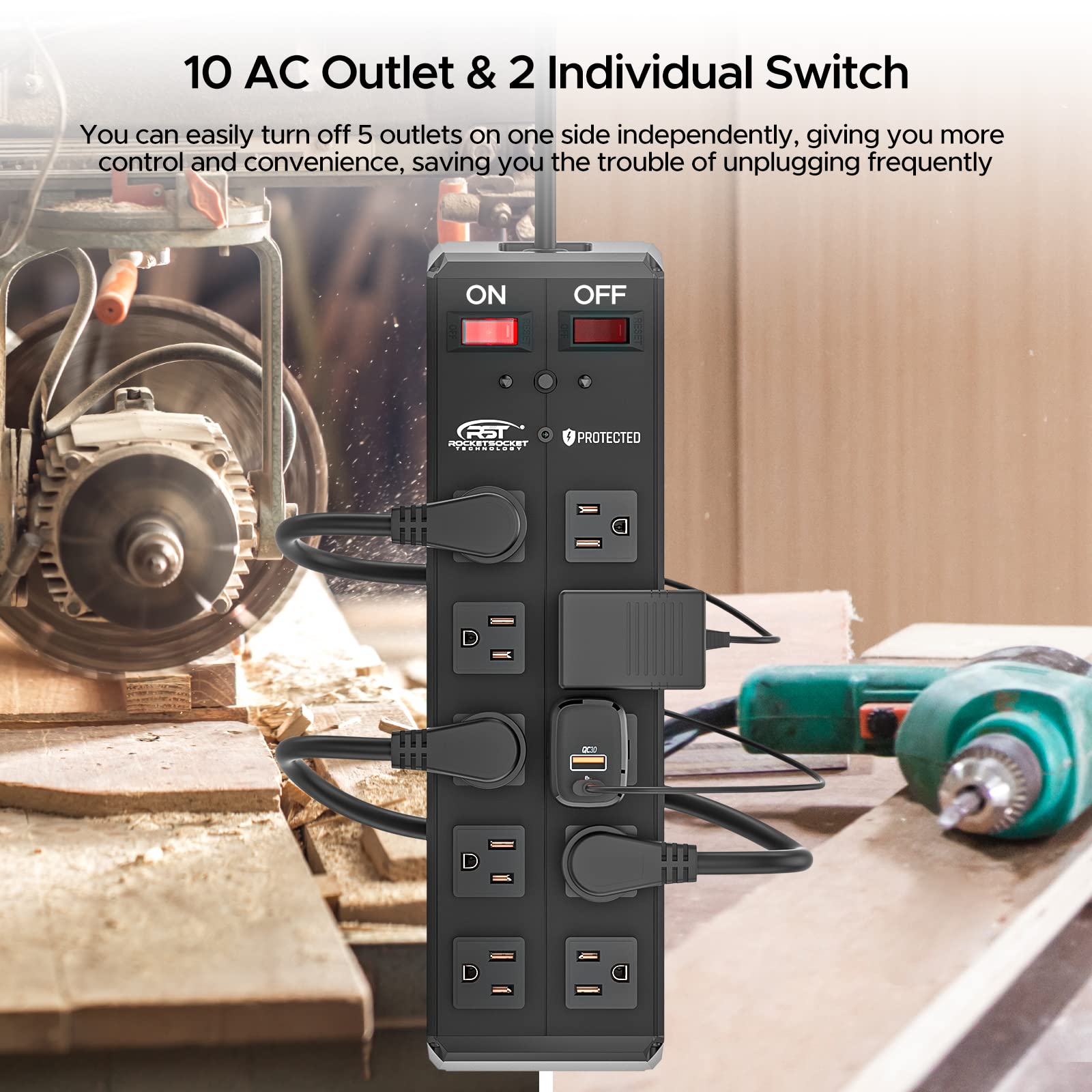 CRST 1875W Heavy Duty Power Strips with Individual Switches Metal Case, 15A Circuit Breaker(1020J) Surge Protector Power Strip, 9 FT Cord, Fit for Workshop, Garage, Home, Office