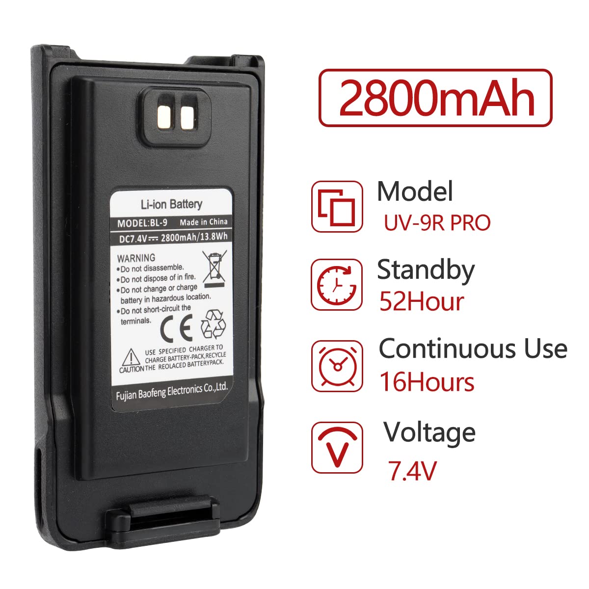 BAOFENG UV-9R Pro Battery BL-9 2800 mAh Li-ion 7.4V Replacement Two-Way Radio Battery for UV-9R Pro GMRS-9R Walkie Talkies