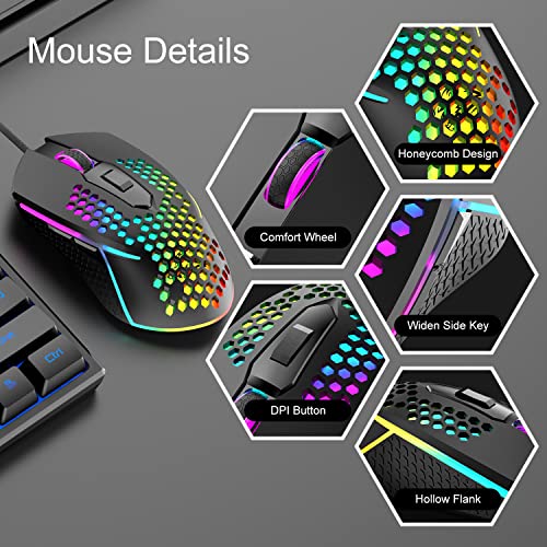 Gaming Keyboard and Mouse Combo Mini Portable with Chroma RGB Backlit Ergonomic 62Key Layout 19Key Anti-ghosting Mechanical Feel 3200DPI Honeycomb Mice USB Wired for PC Mac Gamer Laptop Typists(Black)