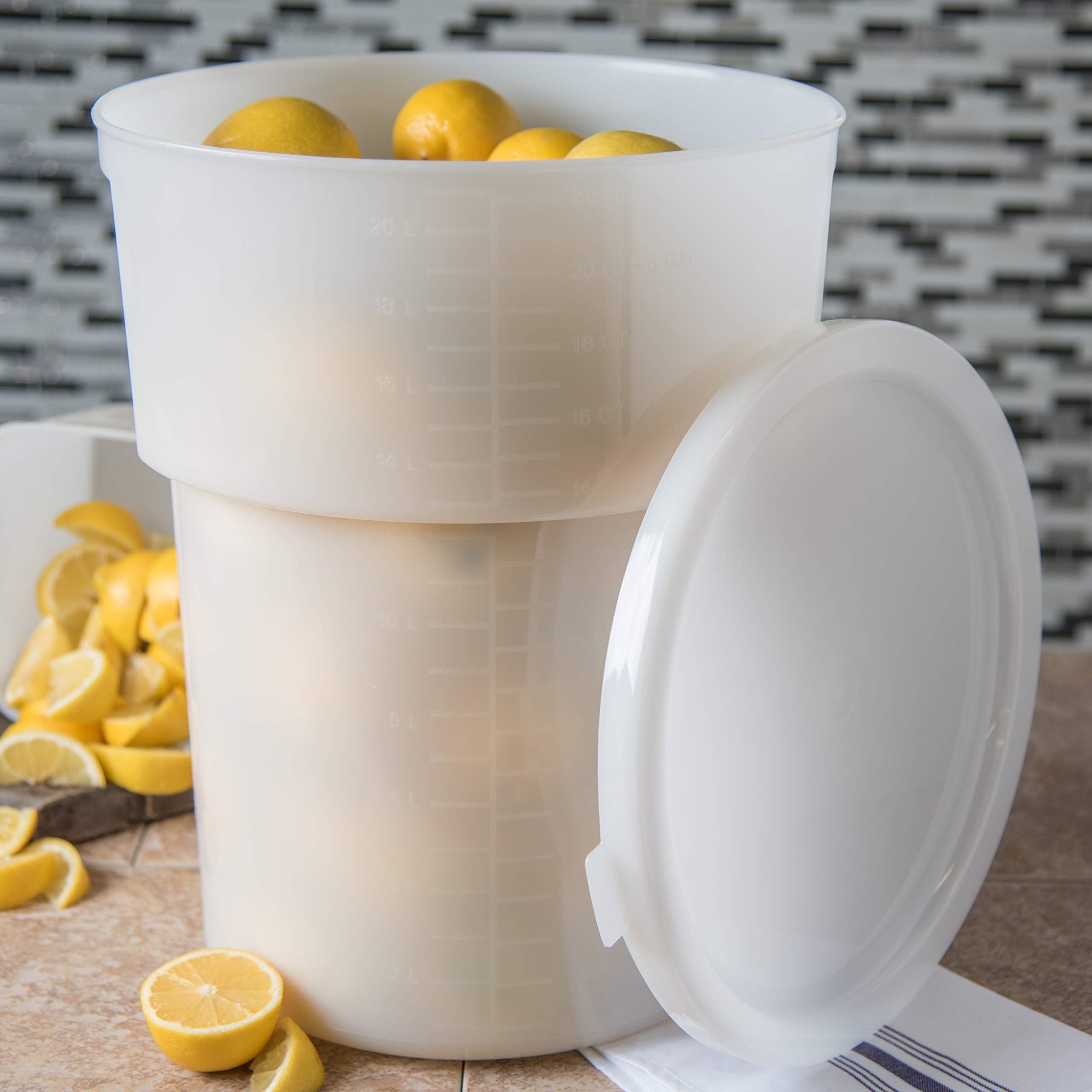 Carlisle FoodService Products Bain Marie Round Food Storage Container with Stackable Design for Catering, Kitchen, Restaurant, Plastic, 22 Quarts, White, (Pack of 6)