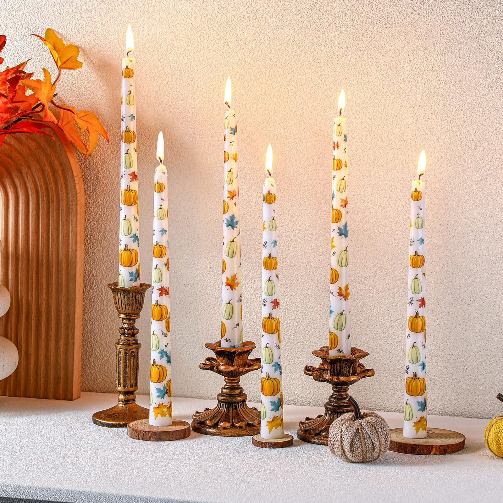 Conelist 6 Pcs Fall Taper Candles 10" Pumpkin Leaves Decorative Holiday Taper Candles Thanksgiving Candles Decorations Autumn Tall Candlesticks for Dinner Table Home Fall Thanksgiving Party Decor