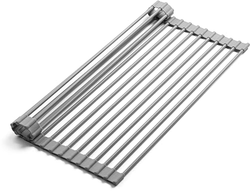 Bellemain Foldable Dish Drying Rack, Kitchen Rack, Sink Rack | Silicone Drying Rack, Dish Drying Mat, Stainless Steel Dish Drainer, Dish Rack Over Sink | Multipurpose Heat Resistant Mat (Gray, Large)
