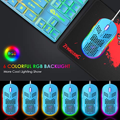 Gaming Keyboard and Mouse Combo,88 Keys Compact Rainbow Backlit Mechanical Feel Keyboard,RGB Backlit 6400 DPI Lightweight Gaming Mouse with Honeycomb Shell for Windows PC Gamers (Blue)