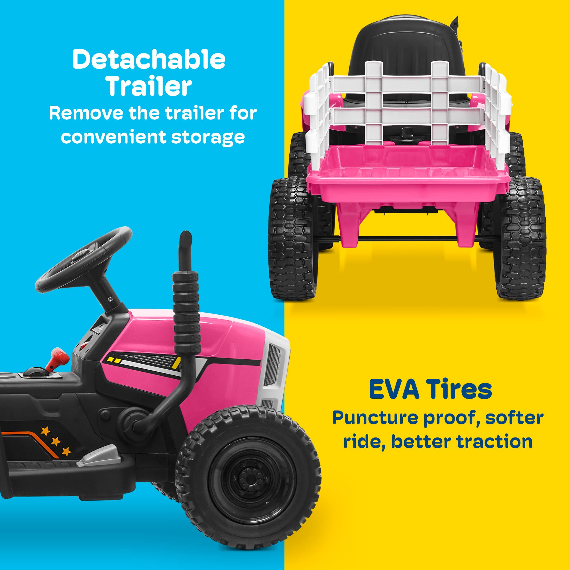 Kidzone 12V 7AH Premium Version with EVA Treaded Tires Dual 35W Motors Boost Power Torque Remote Control Powered Electric Tractor with Trailer Toddler Ride On Toy 3-Gear-Shift, 7-LED Lights, MP3
