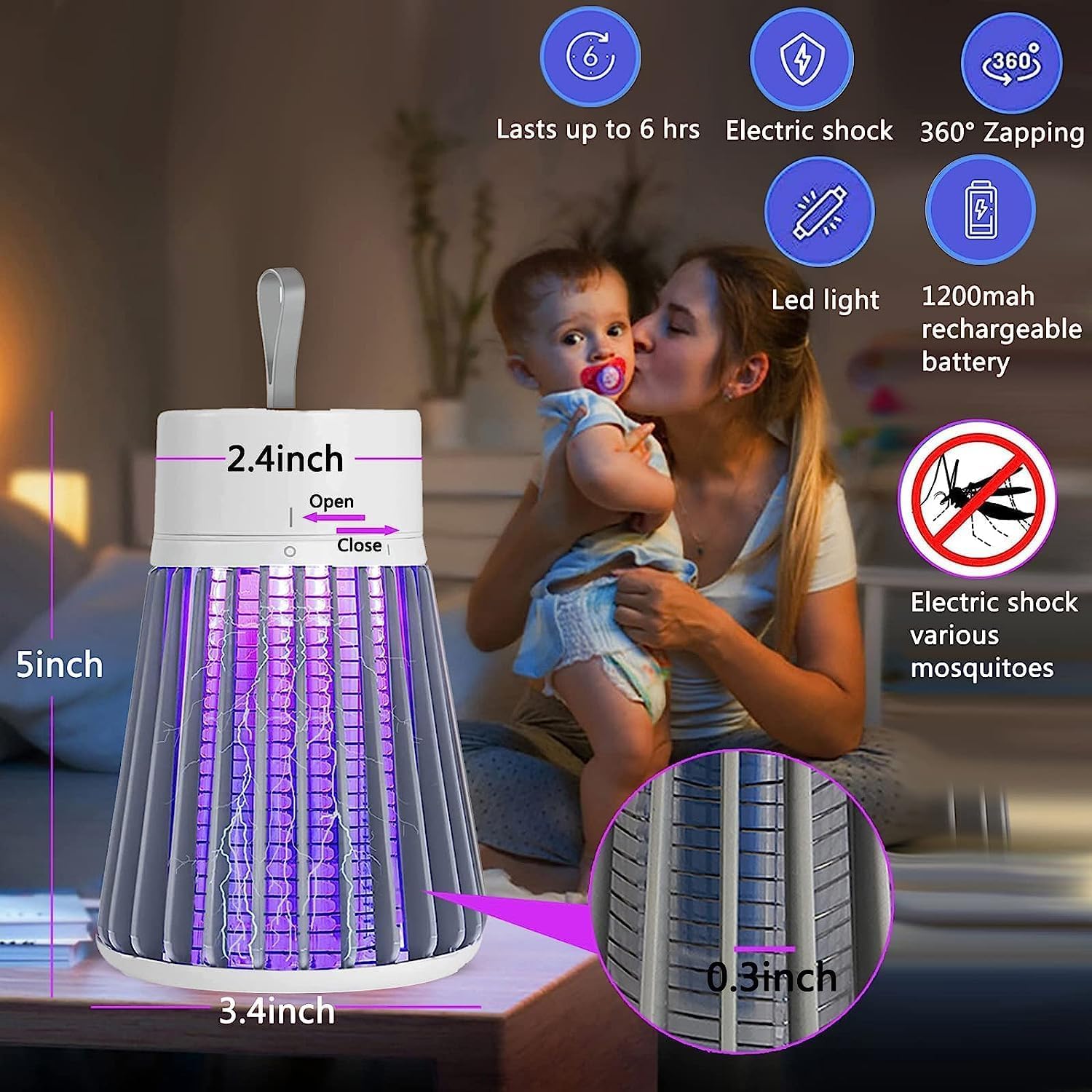 Bug Zapper Indoor Outdoor,Electric Mosquito Zapper with USB Rechargeable Fly Zapper with Security Grid and Brush,Mosquito Trap Gnats Ants Spider Bug Killer for Home Camping Yard,White