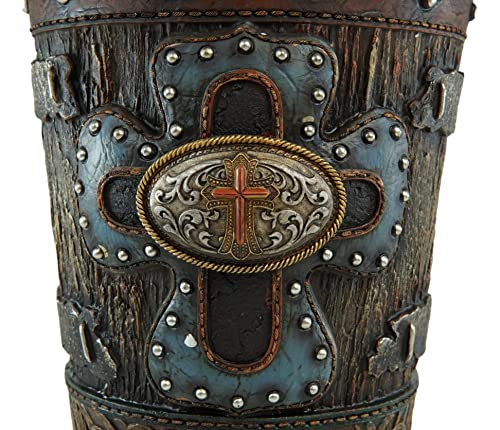 Ebros Gift Rustic Western Old World Country Blue Cross with Concho and Nailheads in Faux Distressed Wood Finish with Floral Patterns (Dry Waste Basket Trash Bin)