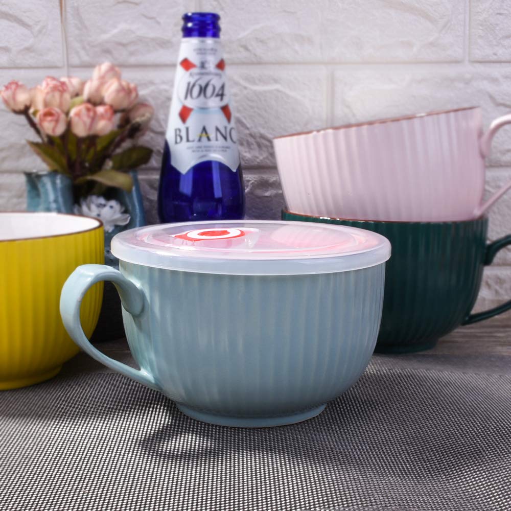 BOSILI Ceramic Soup Bowls with Handles Microwave Safe Bowl with Lid Microwavable Soup Mug with Lid Large Soup Cups for Ramen Noodle Cereal