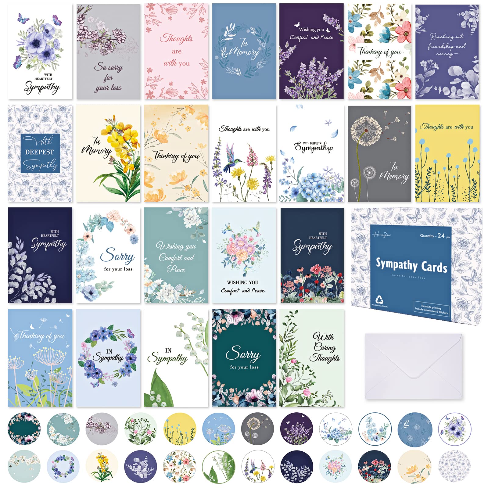 Sympathy Cards with Message Inside, 24 Pack 4Ć6 in Assortment Floral Butterflies Condolence Cards with Envelopes & Stickers, Watercolor Boxed Sympathy Cards Bulk to Support Friends and Family