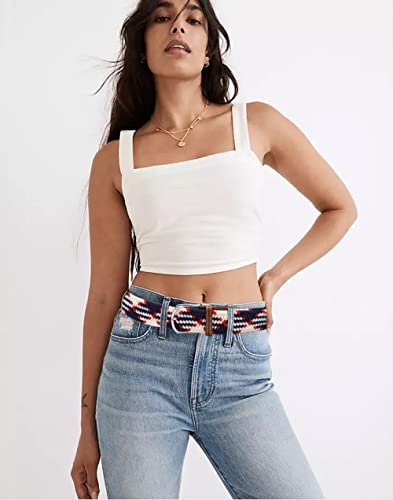 BAOKELAN Canvas Elastic Belts for Men Woven Stretch Braided Waist Belt for Women Jeans Dress Blue White Red