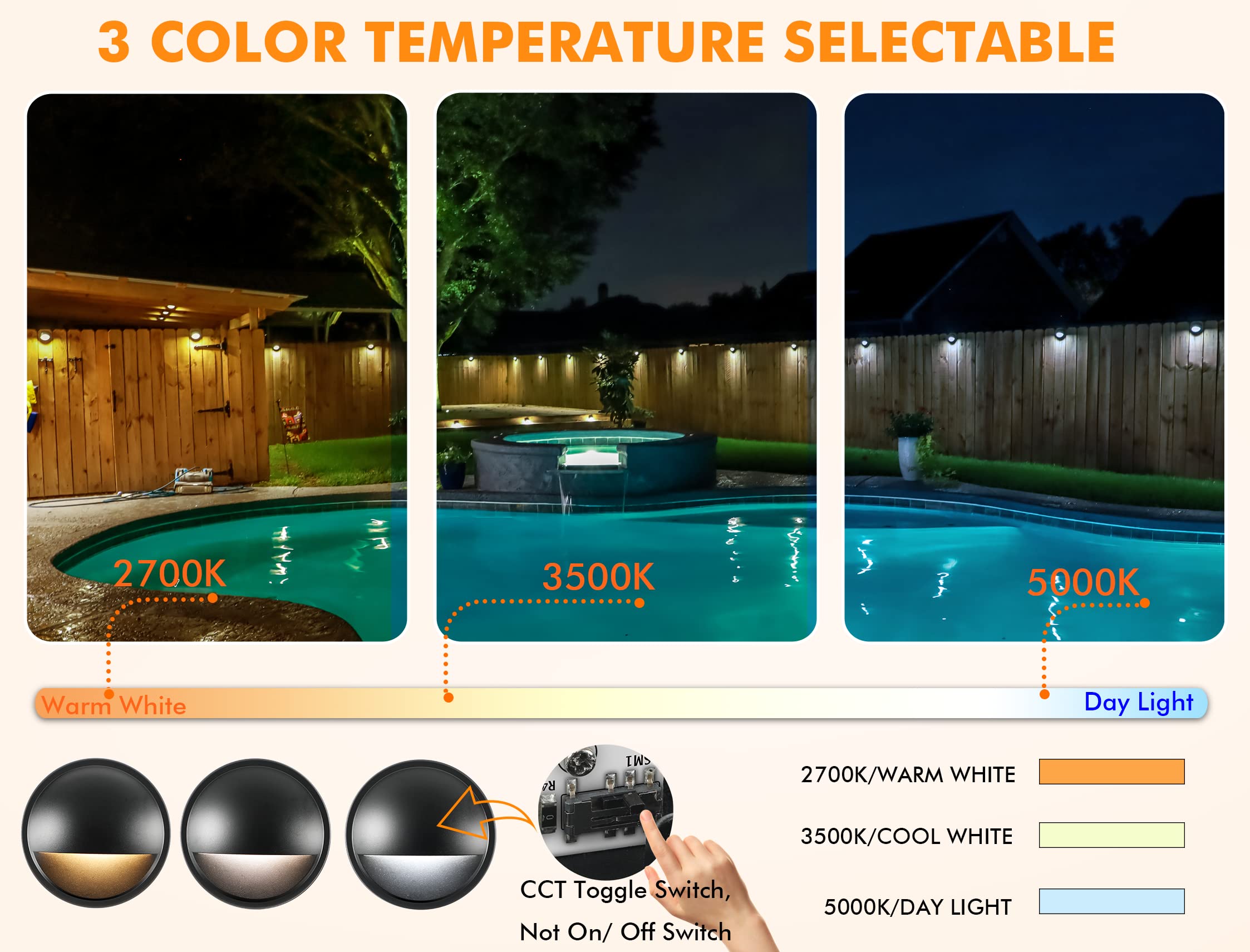 CLOUDY BAY [12 Pack] 3CCT Low Voltage LED Deck Lights Outdoor,2700K/3500K/5000K Selectable,Landscape Step Stair Railing Fence Light Wired,3W,12V-24V AC/DC Deck Lighting Fixtures
