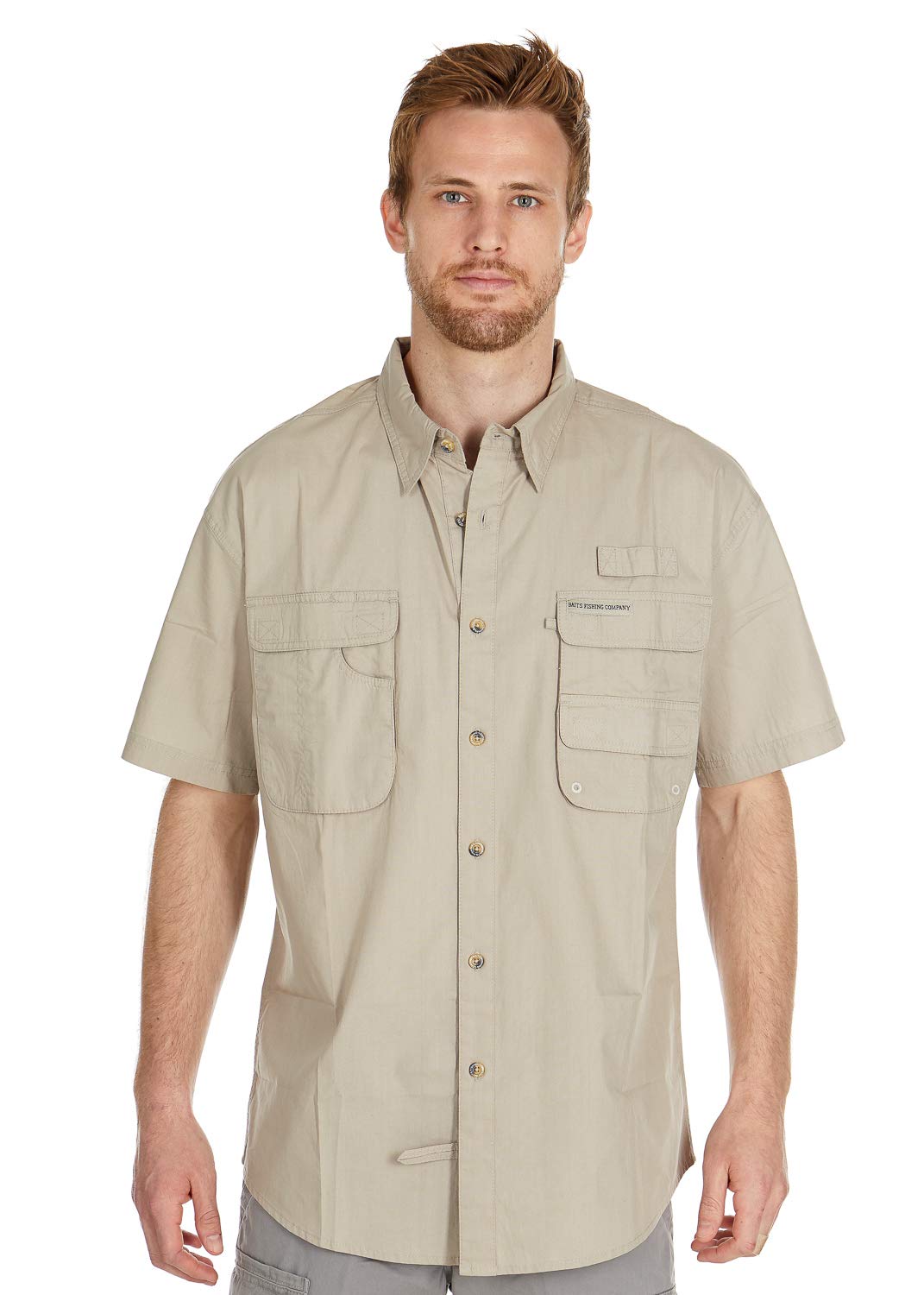 Baits Fishing Company | Men's Performance Fishing Shirt | Short Sleeve | Button Down | Vented | 100% Cotton (Sand, Large)