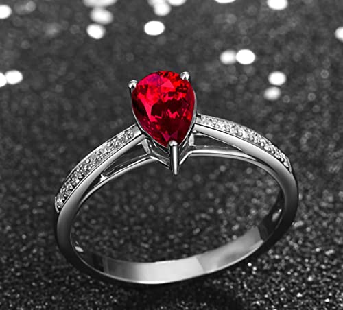 Aokarry Wedding Ring Unique Best Friend Promise Rings Silver Ring with Teardrop Pear Red Cubic Zirconia Size 6.5