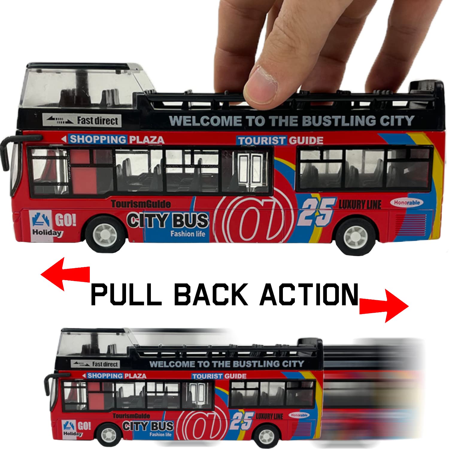 Liberty Imports 1:32 Scale Die Cast Sightseeing Tour Bus Toy Pull Back Vehicles | Mini Double Decker Tourist Open Top Bus Model Car | Pullback Action Toys with Lights and Music (Red)