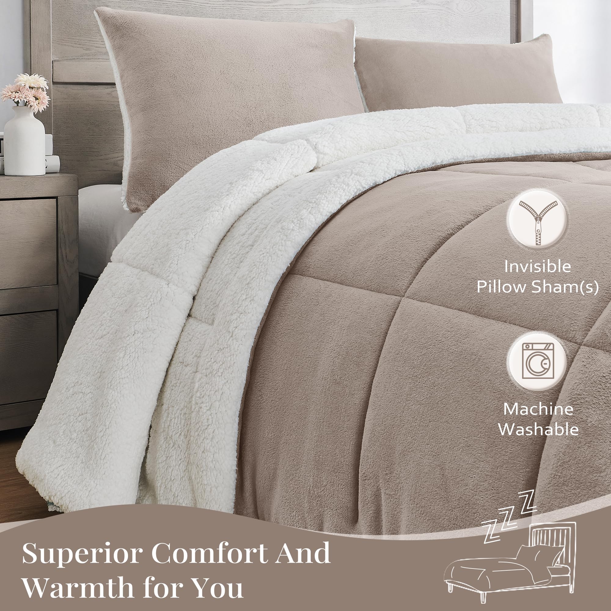 Basic Beyond Twin Comforter Set - Micromink Fleece Sherpa Comforter for Twin Bed, Soft and Warm Twin Bedding Comforter Set for Girls and Boys in Winter, Sand, 64"x88"