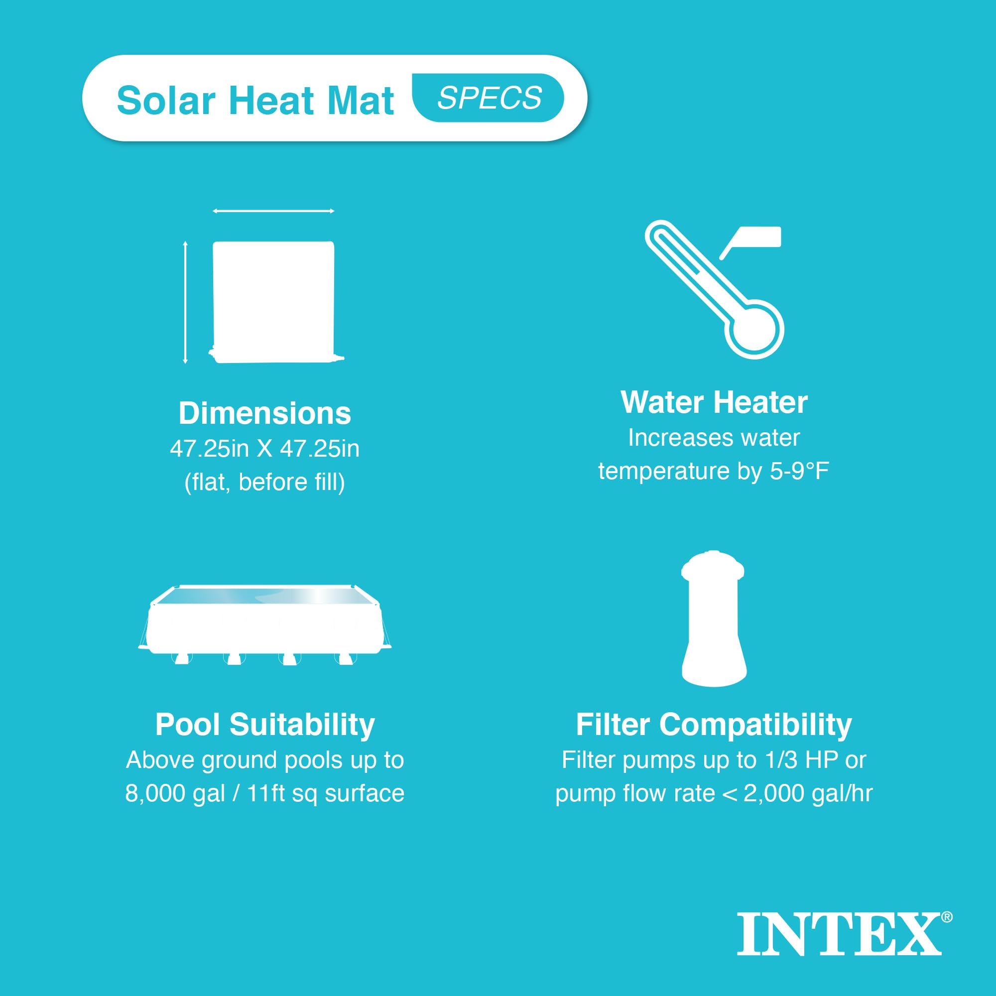 Intex 47'x47' Solar Pool Water Heater Mat for 8,000 Gallon Above Ground Swimming Pool with Hose Attachment 2 Adaptors and Bypass Valve, Black (3-Pack)