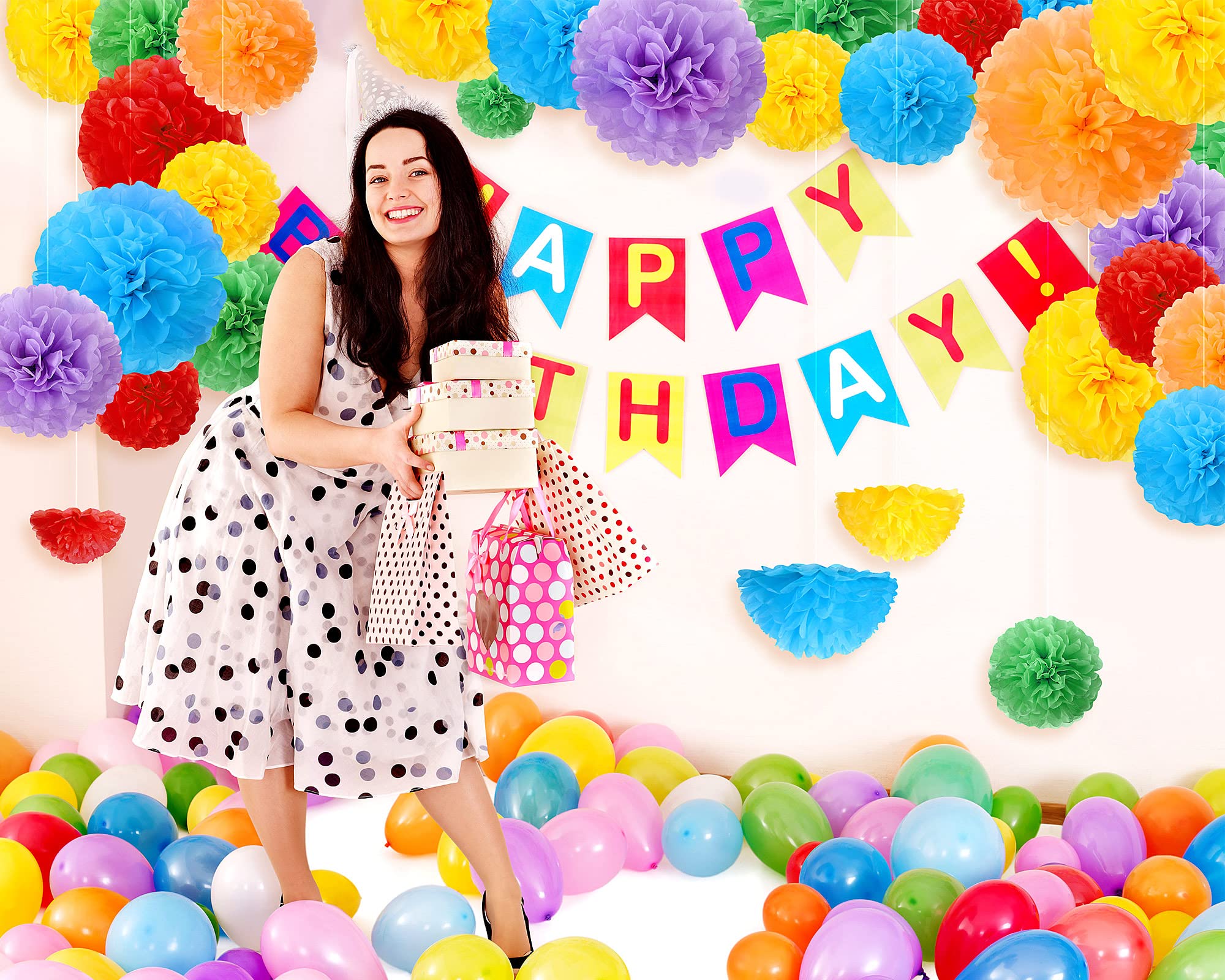 Estune 48 Pcs Tissue Paper Pom Poms 14''/ 12''/ 10''/ 8''/ 6'' Tissue Paper Flowers Decorations for Wedding Birthday Bridal Shower Baby Shower Decor (Rainbow)