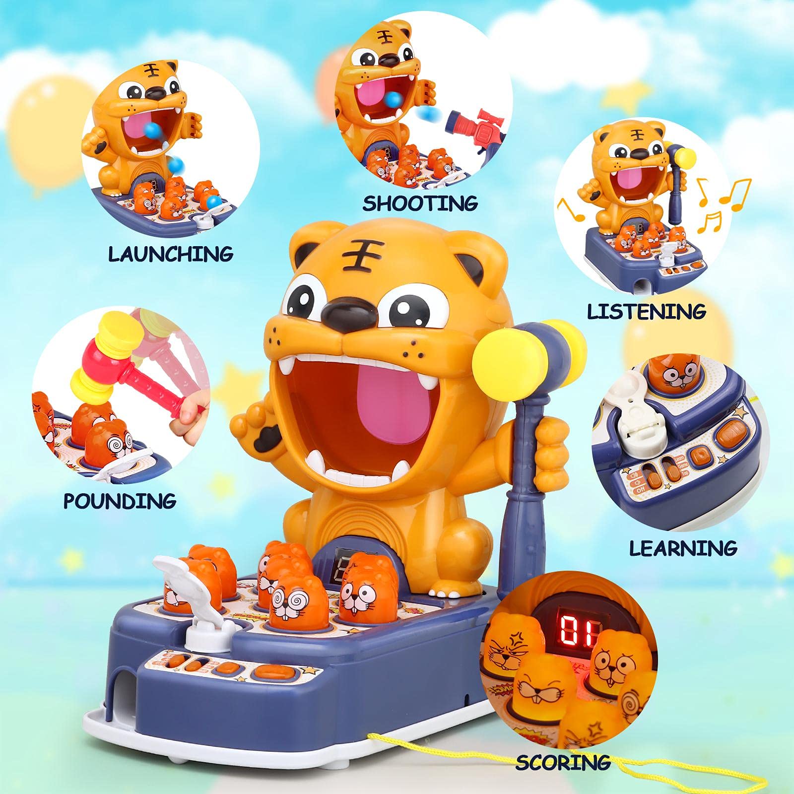 KooQii Whack A Mole Game Toddler Toys with Toy Gun and 2 Hammers Interactive Game for Hammering & Pounding,Target Shooting Early Developmental Fun Gift for 2-3 4 5 6 7 8 Year Old Boys and Girls