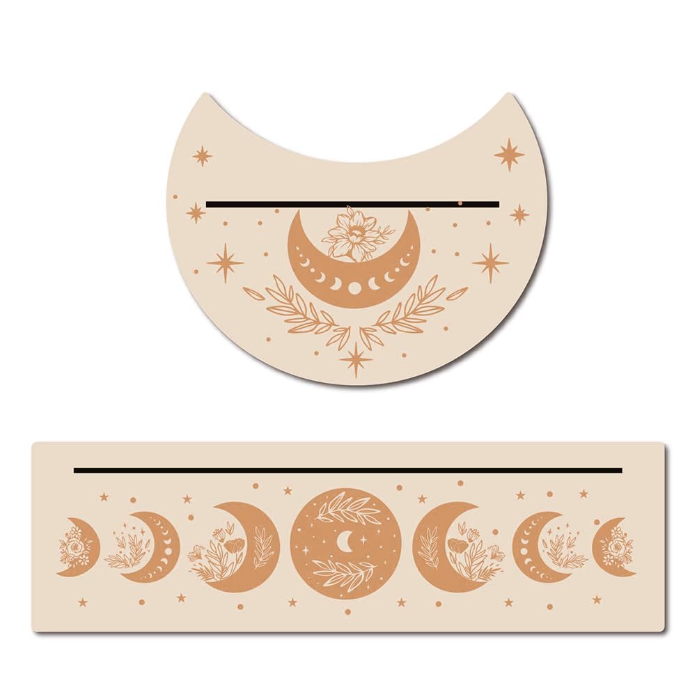 GORGECRAFT 2PCS Wooden Card Stand for Tarot 5" Moon Shape and 10" Rectangle Wood Tarot Cards Altar Stand Display Holder Witch Divination Tools Majic Ceremonial Wiccan Supplies(Moon Phase and Flower)