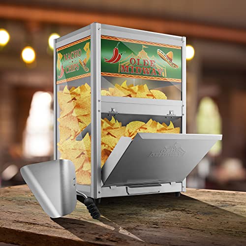 Olde Midway Nacho Chip Warmer Machine with Scoop, Commercial Grade Stainless Steel Concession Stand Display with Glass Door