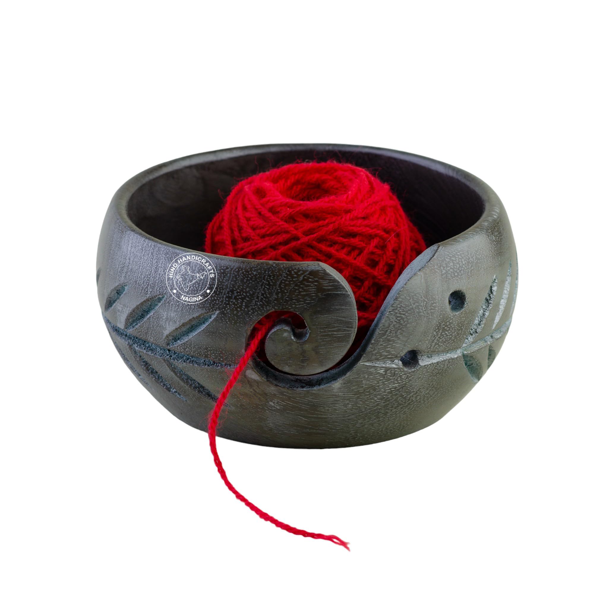 Hind Handicrafts Premium Solid Dark Handmade Crafted Wooden Portable Antique Yarn Storage Bowl - Holder for Knitting Crochet Hook Accessories (6" x 6" x 3", Slate Gray)