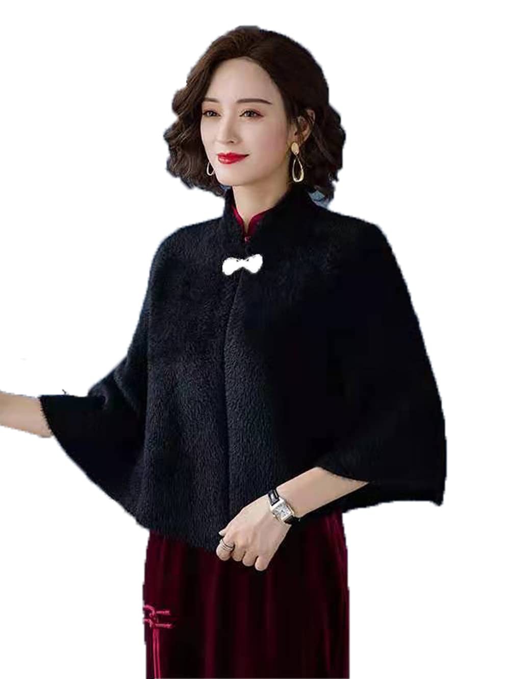 Baoqiya Wool Blend Capelet Capes Hooded Warm Poncho Bridal Stole Cape shawl for women(black)