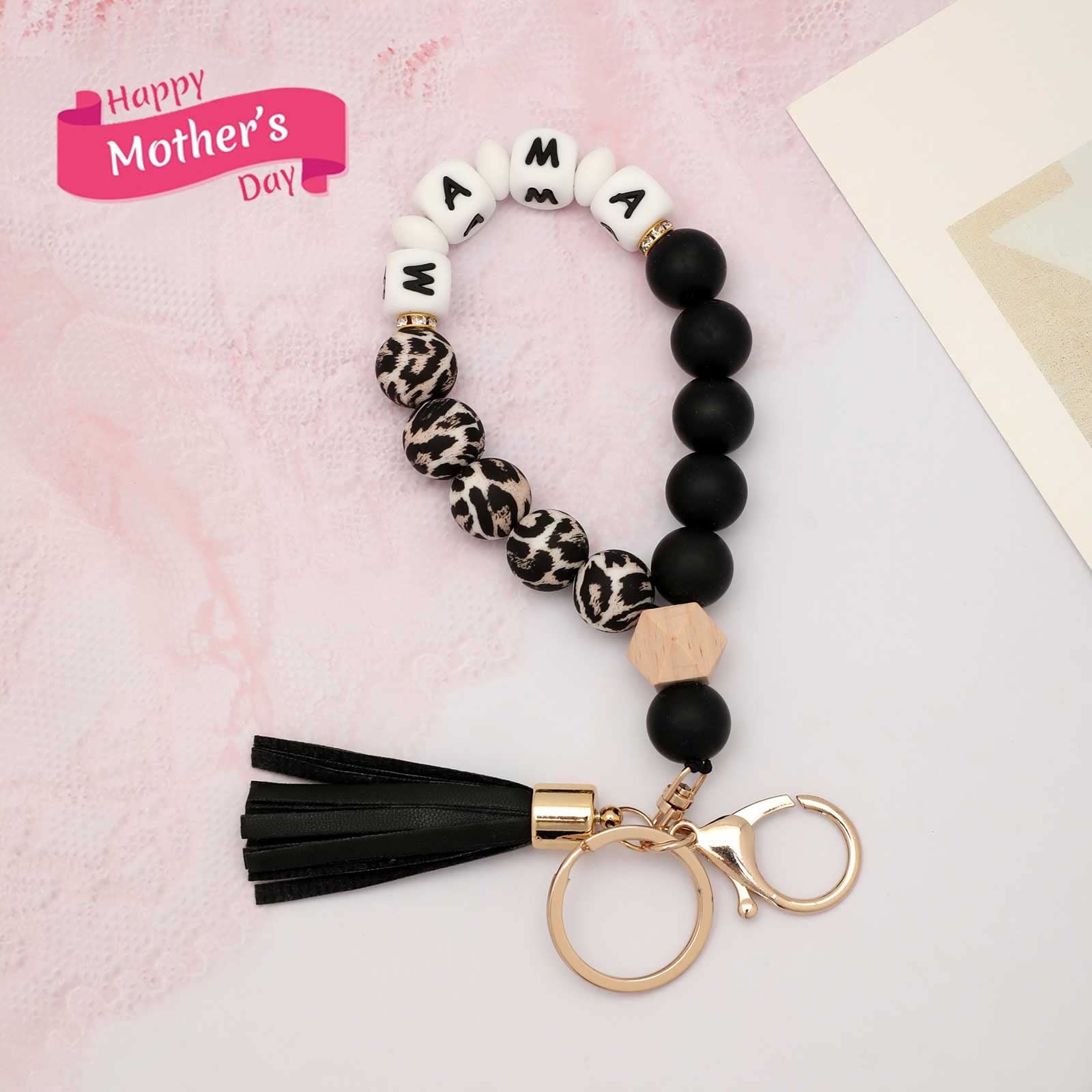 BAOSIWA Silicone Beaded Mama Key Chain Bracelet Wristlet Keyring Leopard Bangle Keychains Mothers Day Gifts for Women with Leather Tassel