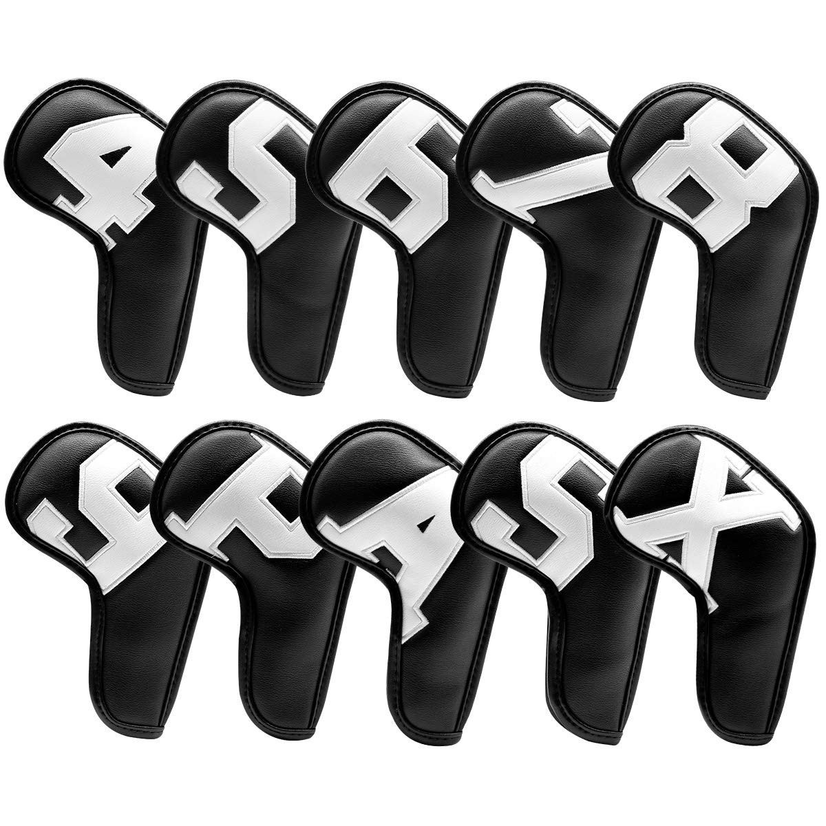 Barudan Golf Iron Club Head Covers Set Headcovers for Callaway Ping S5 - Big Colorful Number - Long Neck - Black Pu Leather fits Small Standard Oversized Golf Clubs 10pcs/Pack (Black+White Number)
