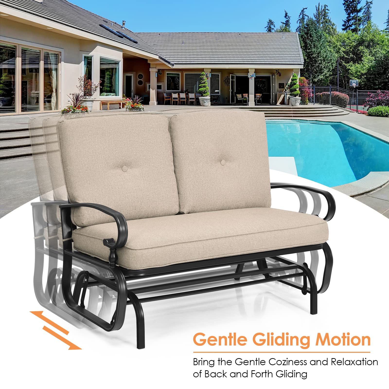 HAPPYGRILL Outdoor Swing Glider Bench Patio Loveseat Glider with Comfortable Cushions, 2 Persons Rocking Glider Chair for Porch Balcony Garden Poolside