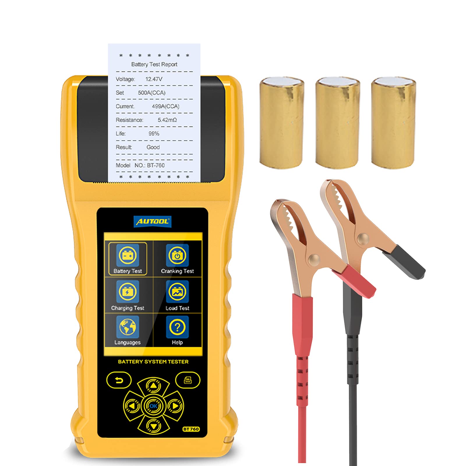 AUTOOL BT-760 12V/24V 30-1700 CCA Auto Battery Load Tester Built-in Thermal Printer with 3PCS Thermal Paper for All Cars Cranking Charging System Diagnostic Tool