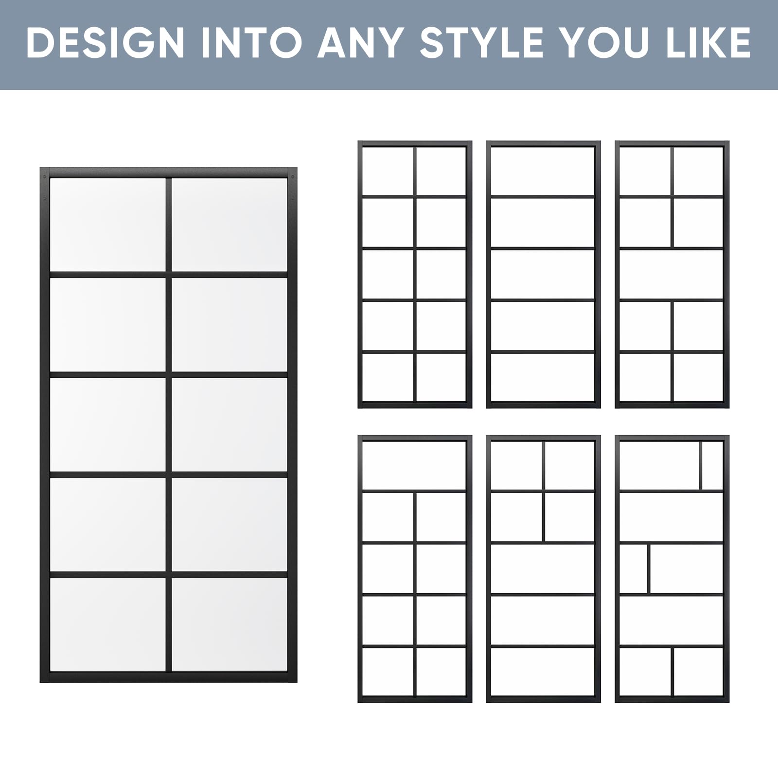 JUBEST Double Barn Door 84 x 84 in with 14FT Hardware Kit, 2 Sets of 42x84 in Clear Tempered Glass Aluminum Frame Barn Door,Pocket Interior Door, Easy Assembly,Black Top-Mounted Hardware