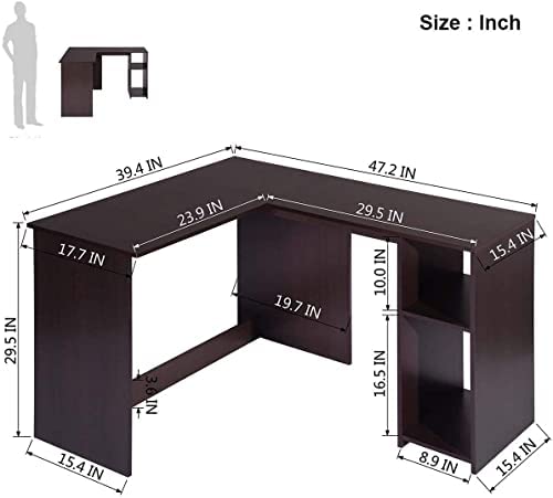FurnitureR Computer Desk with Bookshelf Industrial Style Study Table Computer Gaming Desk with Storage, Wooden L-Shaped Corner Desk Save Space for Home Office, Brown