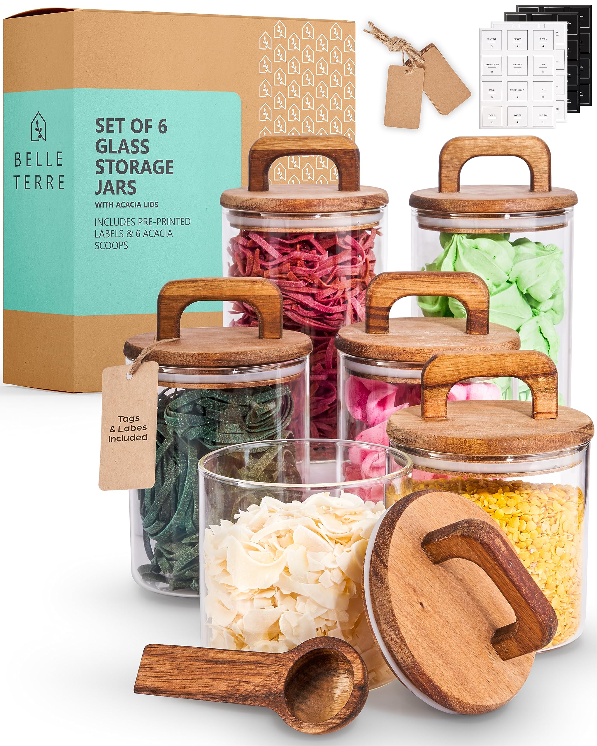 BELLE TERRE Premium Glass Jar Set - 6 Canisters with Airtight Natural Acacia Lids, Custom Labels & Spoons - Food Storage Containers & Pantry Organization - 17oz, 25oz, 34oz - Transparent, Durable
