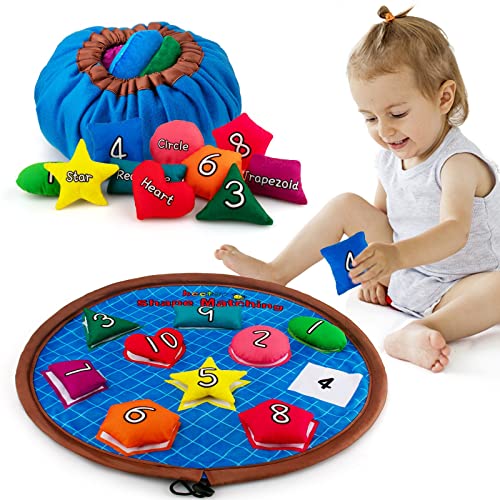 beetoy Shapes Bean Bags Matching Game - Learning Activities Memory for Numbers, Colors, Words, Preschool Classroom Must Haves Toys for Toddlers (10PCS)