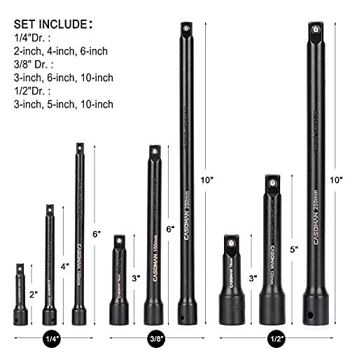 CASOMAN 9 Pieces Extension Bar Set, 1/4", 3/8" and 1/2" Drive Socket Extension, Premium Chrome Vanadium Steel with Black Phosphate Finish
