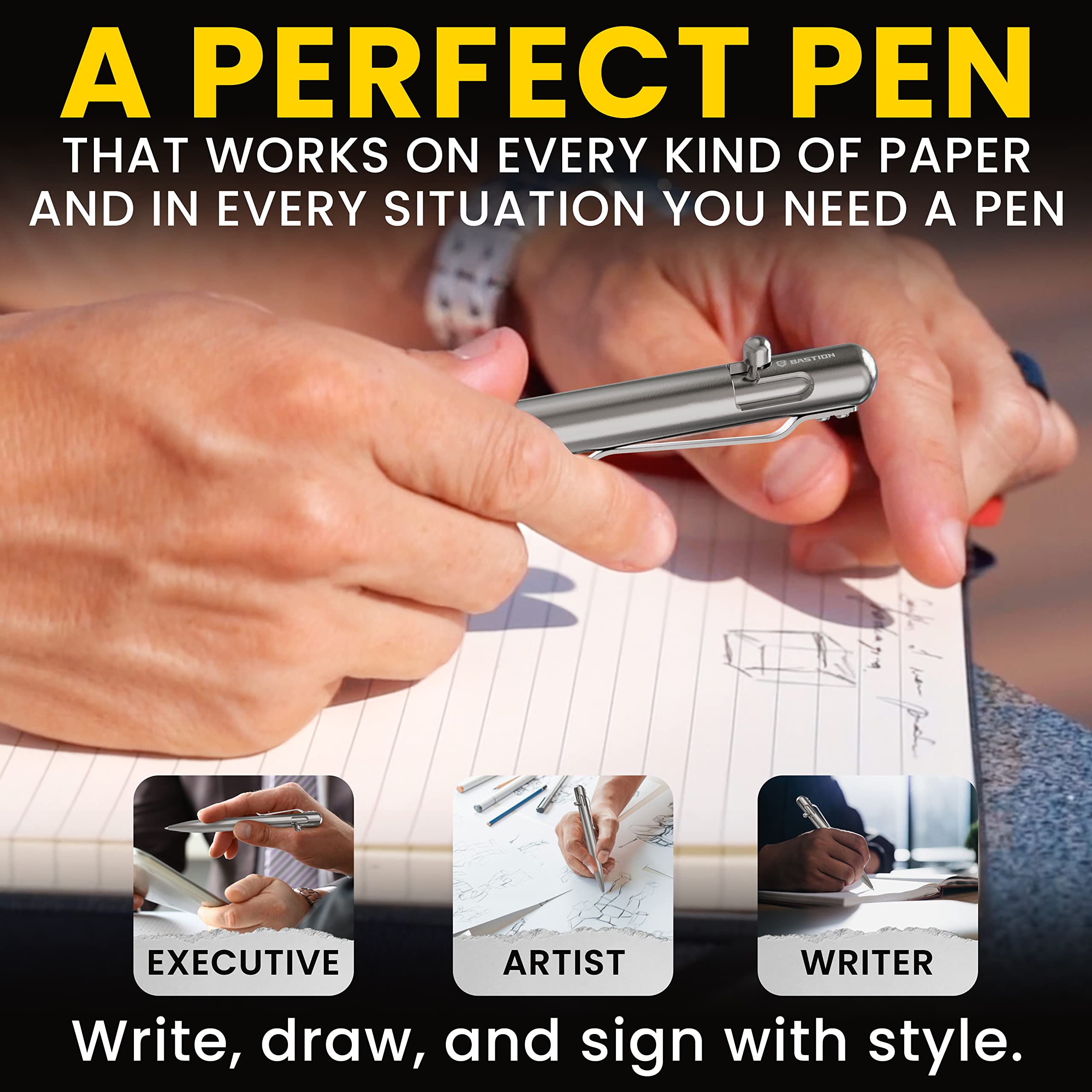 BASTIONĀ® Luxury Bolt Action Pen, Durable Professional Ballpoint Pen with Fine Tip, EDC Pen Ink Refillable Pen - 100% Titanium
