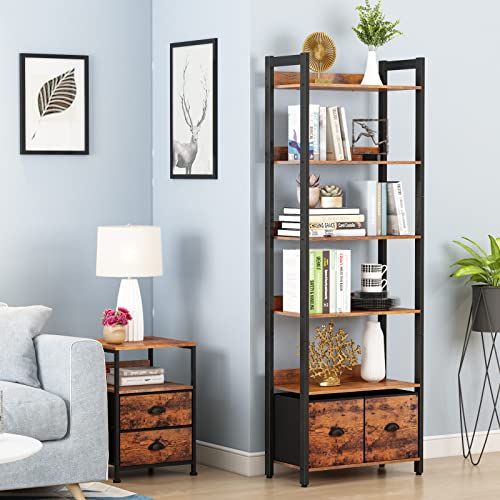 Furologee Tall 6-Tier Bookshelves, Rustic Bookcase with 2 Drawers, Nightstand with 2 Drawers, End Table with Storage Shelf for Bedroom, Living Room, Rustic Brown