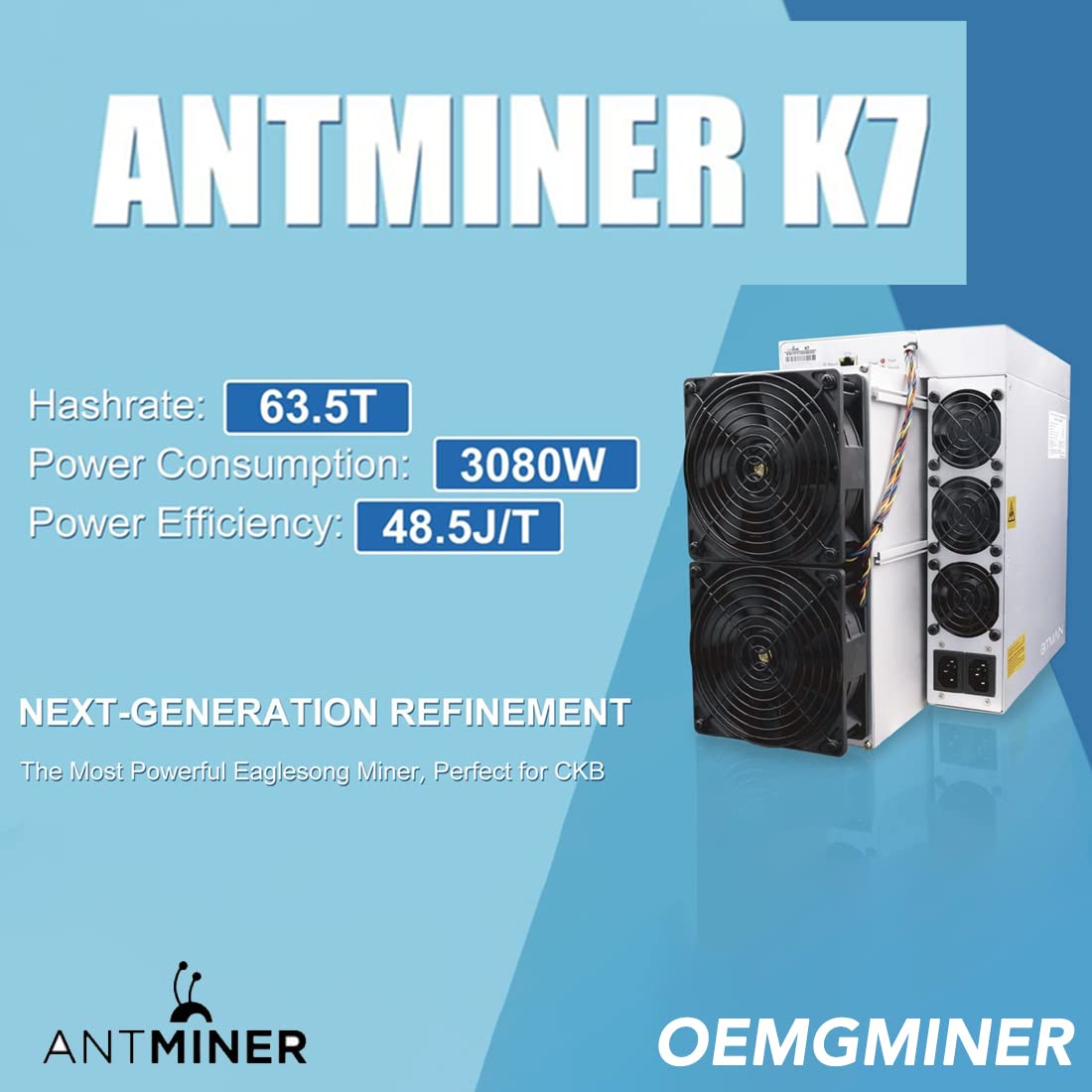 Bitmain Antminer K7 63.5Th/s Eaglesong CKB Miner Nervos Network 3080W Power Built-in PSU