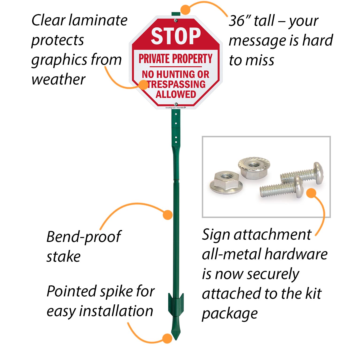 SmartSign 10 x 10 inch “Stop - Private Property, No Hunting Or Trespassing Allowed” LawnBoss Yard Sign with 3 foot Stake, 40 mil Laminated Rustproof Aluminum, Red and White, Set of 1, Made in USA